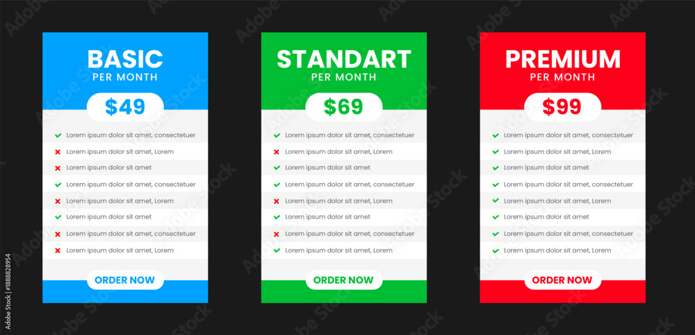 Professional ThreeTier Subscription Pricing Plan Comparison Table with ...