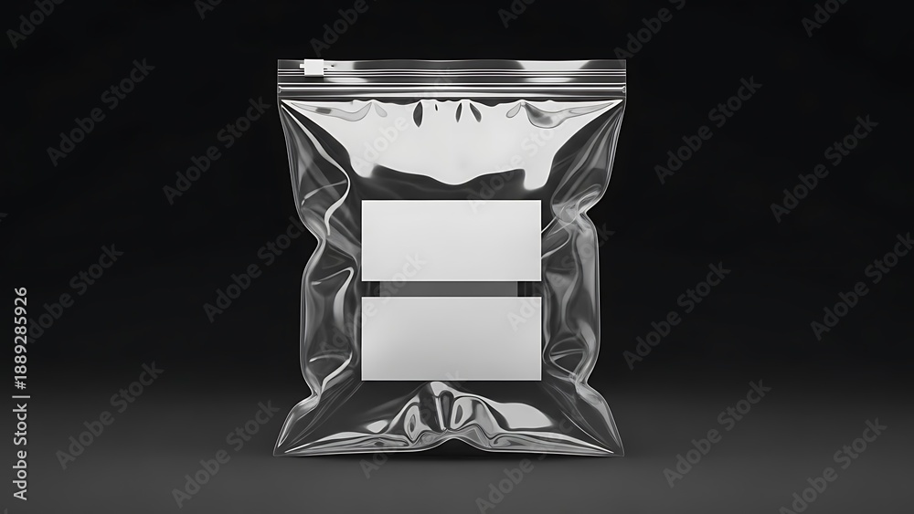 Transparent plastic bag with two blank white rectangles against a dark ...