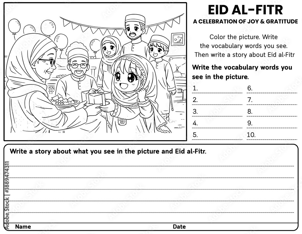 Eid al-Fitr story writing prompt worksheets for grades 2–4 focusing on ...