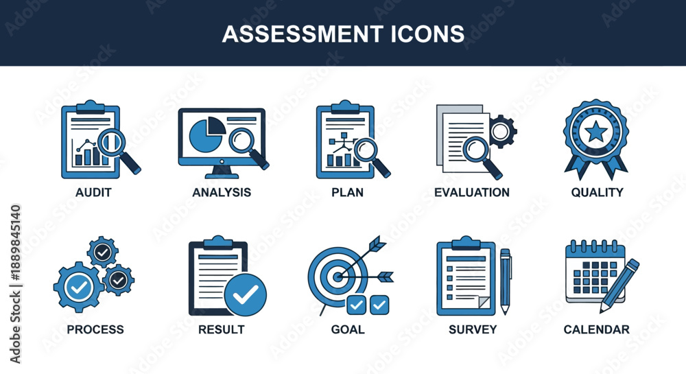 Assessment icons collection featuring audit, analysis, plan, evaluation ...
