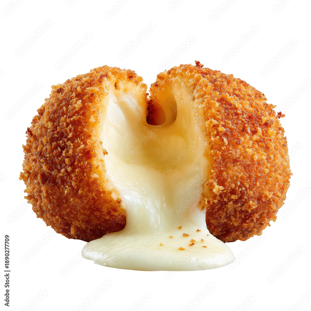 Deliciously crispy golden brown fried cheese ball split open ...