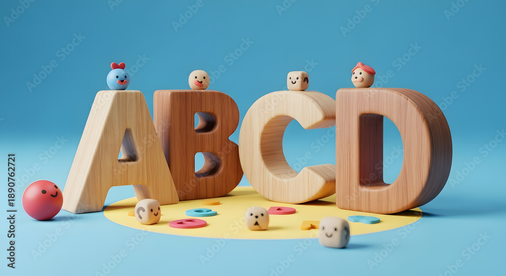 3D wooden alphabet blocks A B C and D with cute colorful characters on ...