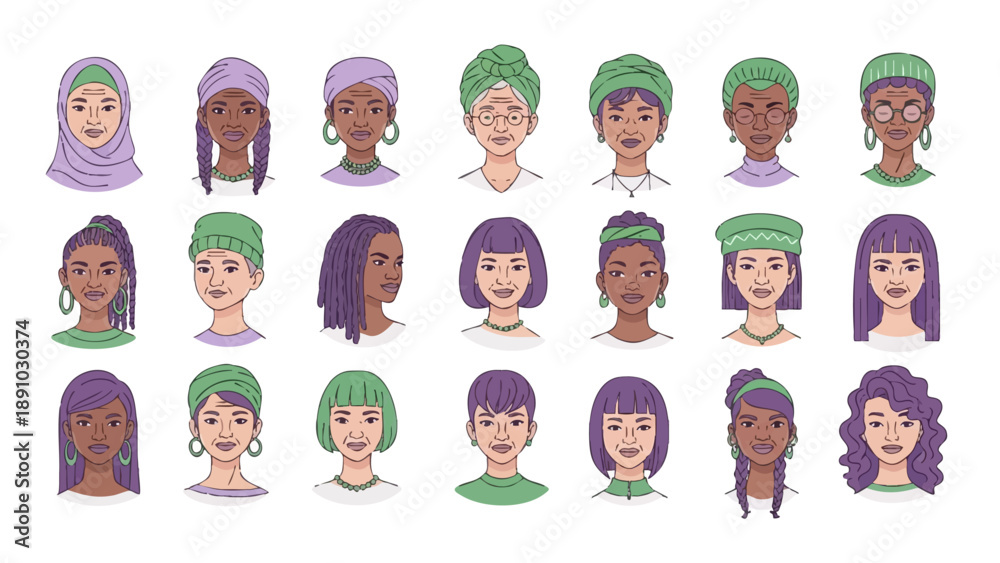 Diverse Women Faces and Empowerment Icon Set for IWD 2026 Stock Vector ...