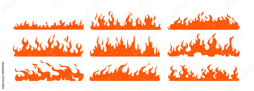 Image vectorielle Stock Hot burning fire flame borders set. Horizontal ...