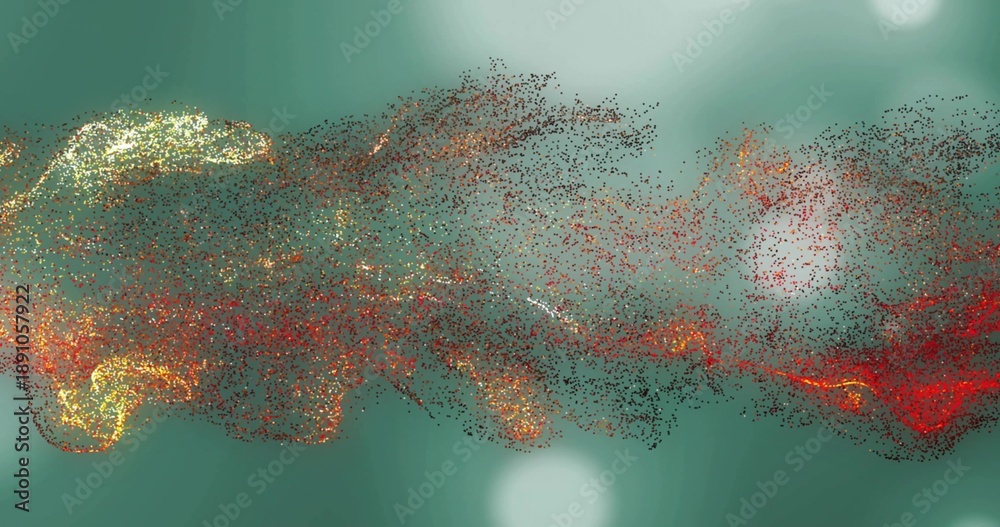 Flowing digital particle cloud spanning center on teal backdrop, with ...