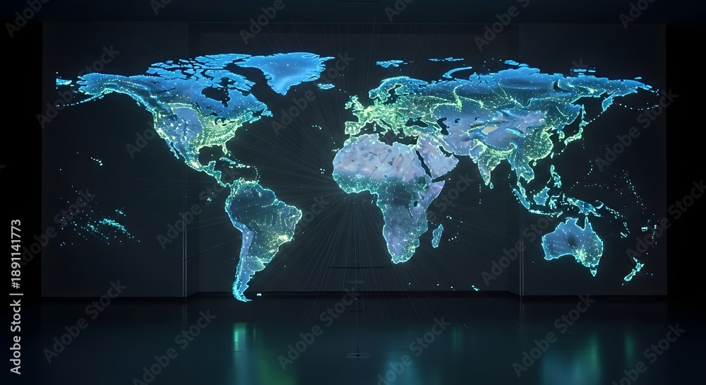 Illuminated digital world map projection displaying global connections ...