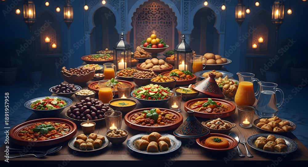 Photo Stock Lavish Ramadan Iftar Dinner Table Spread with Traditional ...