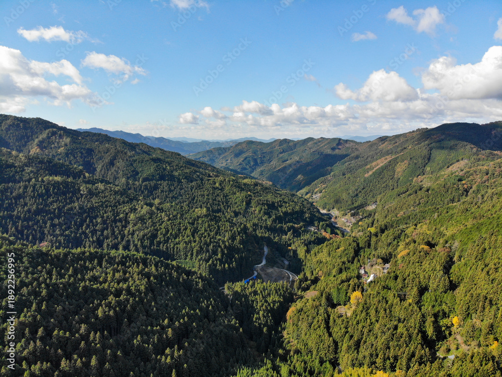 Stock-Foto „Aerial panorama of forested mountains and deep valley along ...