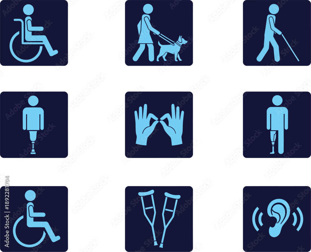Dark blue icons representing disability and accessibility: wheelchair ...