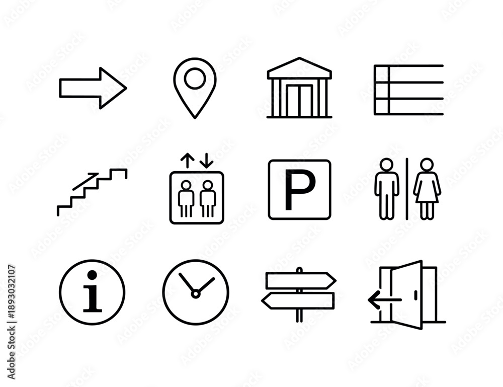 Monochrome Wayfinding Icons. Wayfinding signs. Line icon set of ...