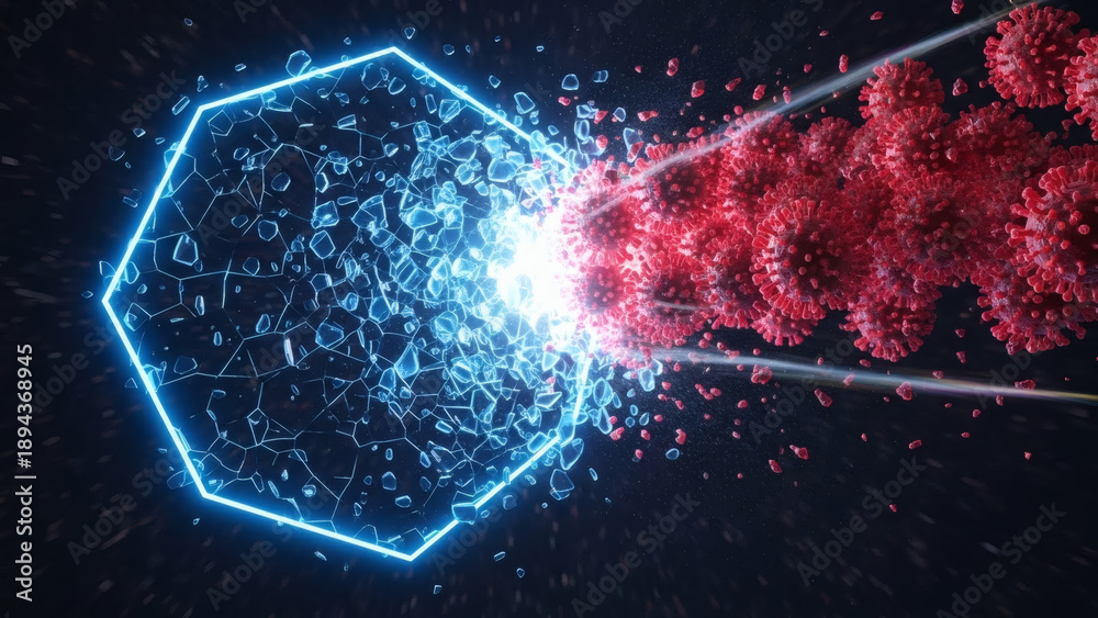 Illustrating a conceptual battle against viruses, depicting a hexagonal ...