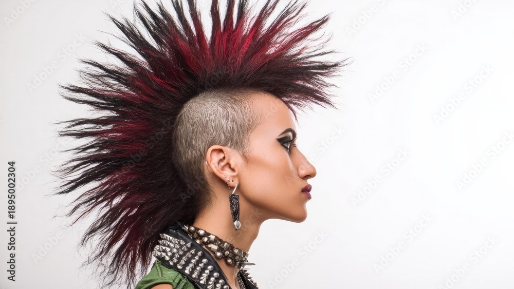 Foto de Stock Side profile of a punk rocker with a tall red and black ...