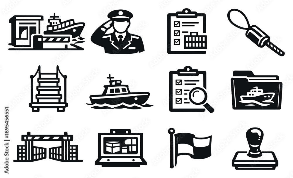 Maritime Customs and Border Control in outline style: port checkpoint ...