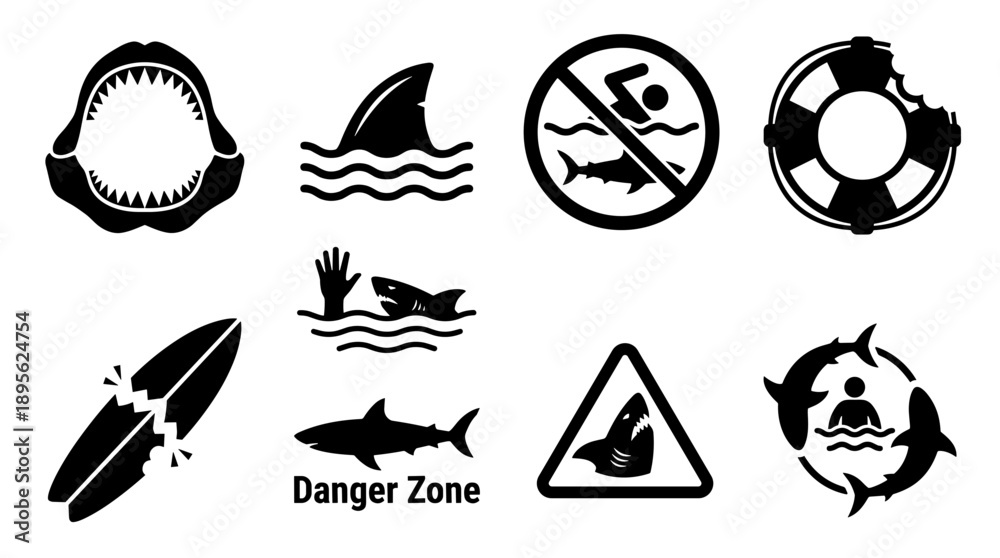 Shark Jaws Vector Warning Signs and Danger Zone Icons, Black Silhouette ...