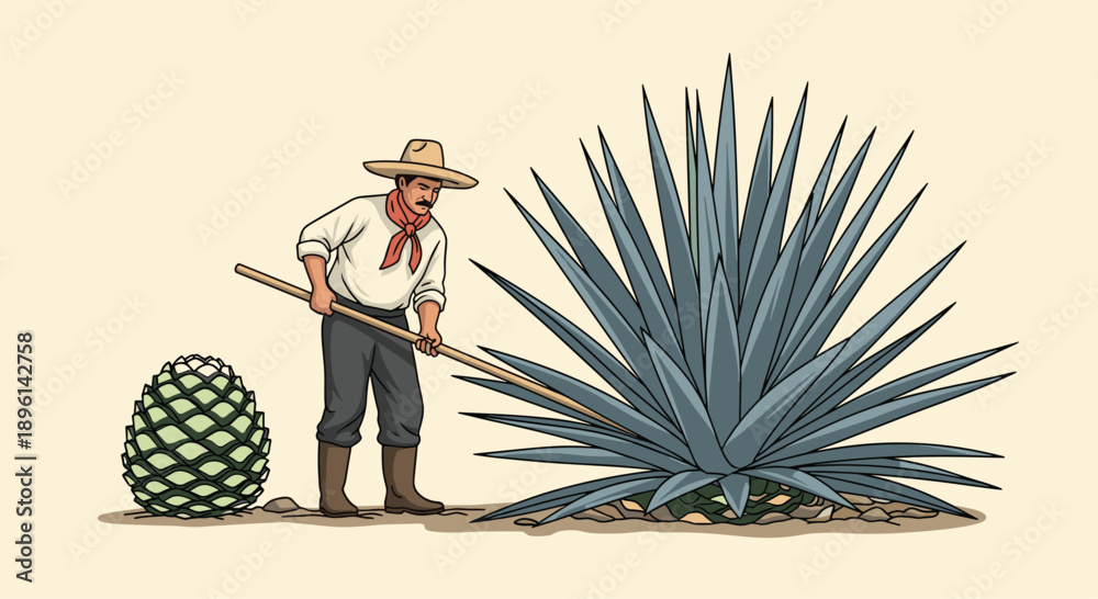 Detailed illustration of a traditional jimador harvesting blue agave ...