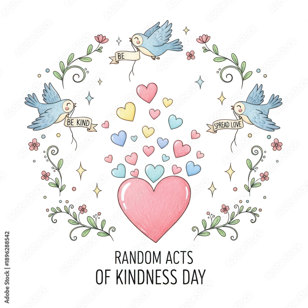 Random acts of kindness day with birds and hearts isolated on ...