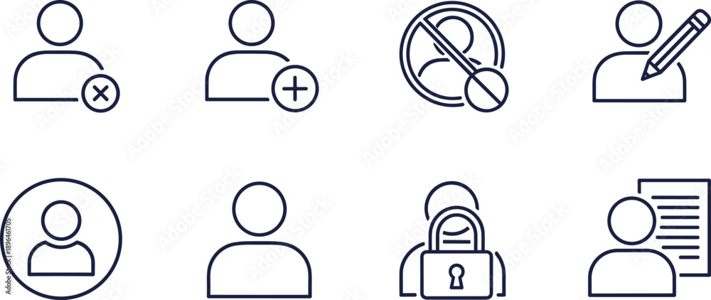 User management line icons, profile account symbols, add edit delete ...
