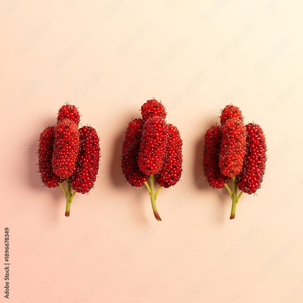 Three red mulberries on a peach background showing the fruit and its ...