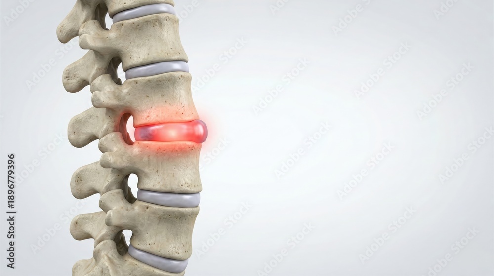 Foto de Stock Anatomical illustration of a herniated disc compressing a ...