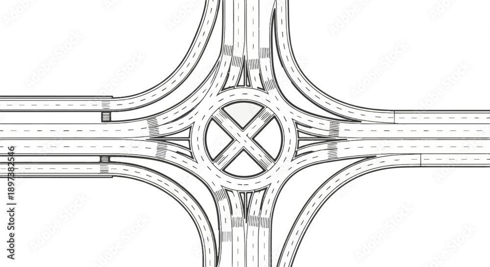 Overhead schematic of a complex road roundabout with multiple lanes ...