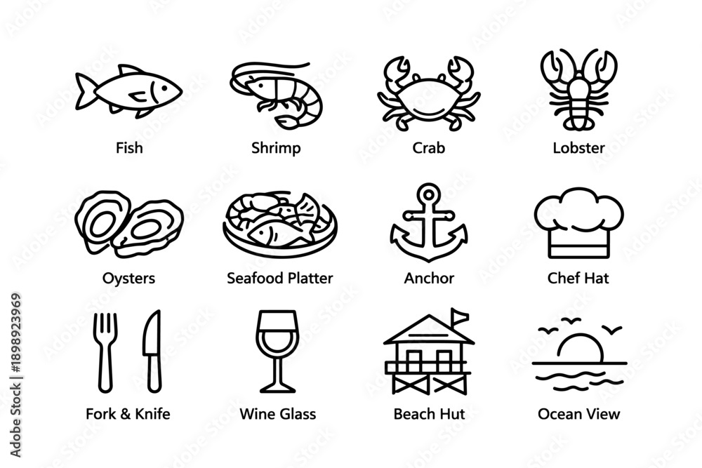 Vector de Stock Seafood outline icons: fish, shrimp, crab, lobster ...