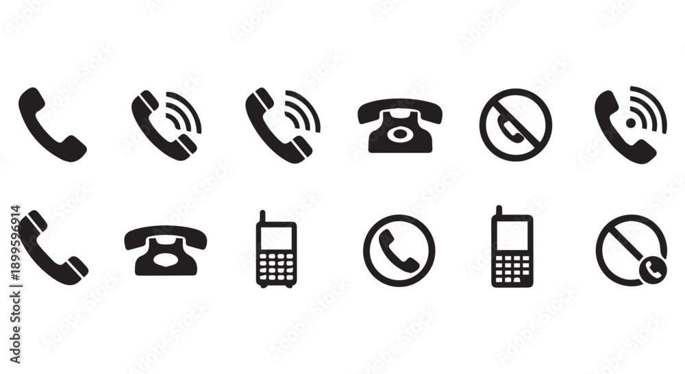 Collection of black phone icons on Transparent Background, representing ...