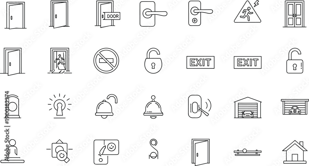 Door and security icon set, lock symbols, exit signs, access control ...