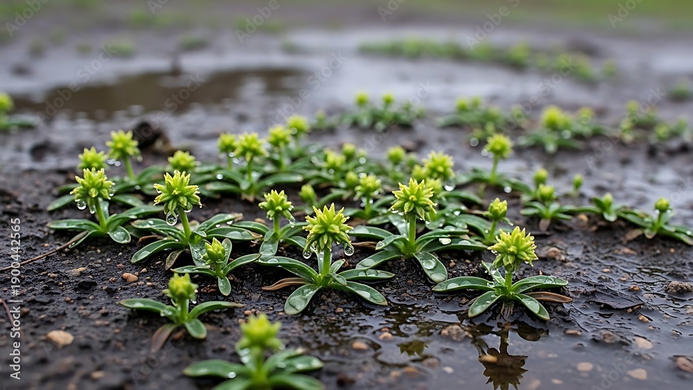 Small yellow flowers blooming in wet muddy ground after rainfall from a ...