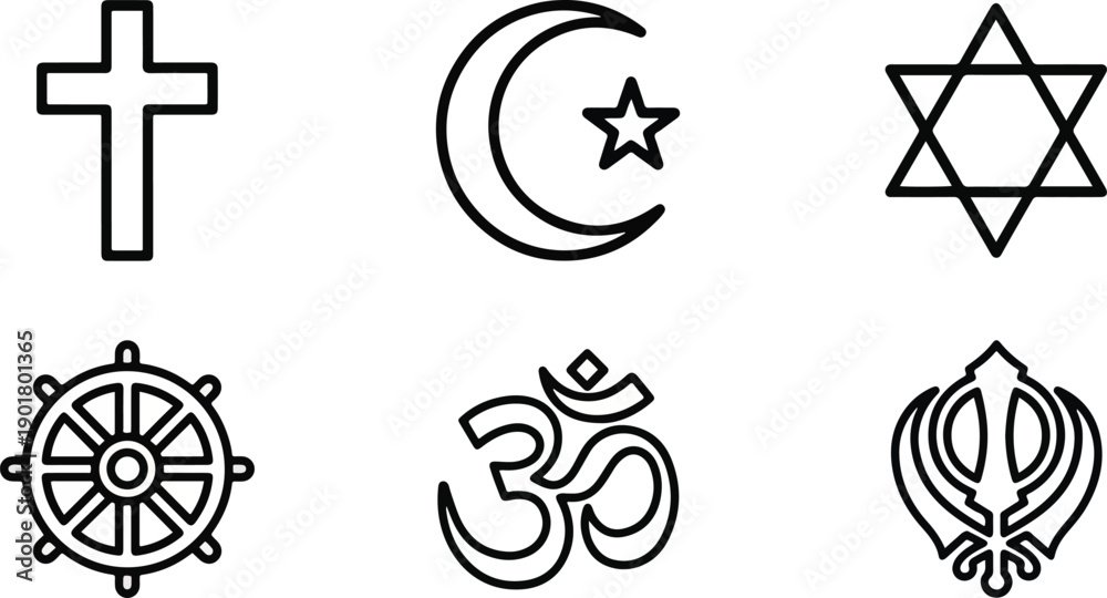 Set of 6 Major World Religions Line Art Icons 2026: Christianity Cross ...