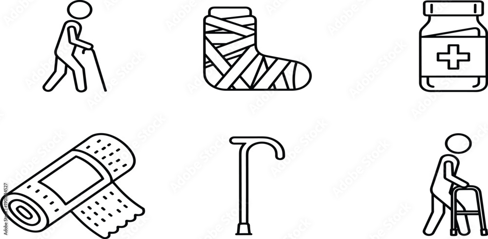 Medical recovery icons featuring person with cane, orthopedic leg cast ...