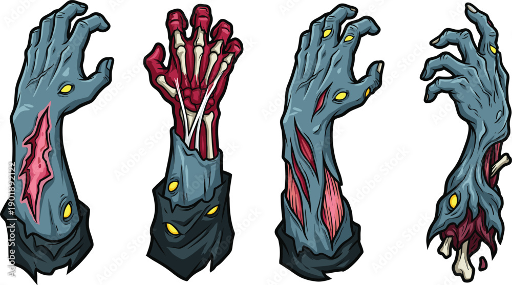 Zombie hand cartoon set with creepy undead arms, horror illustration ...