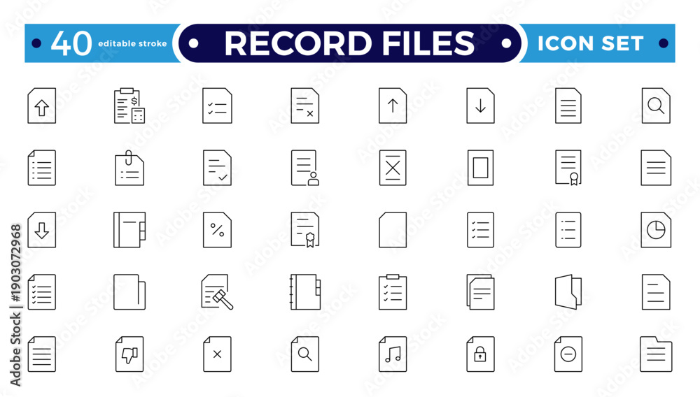 Record Files Outline icon set. Icon pack contains summary, file, paper ...