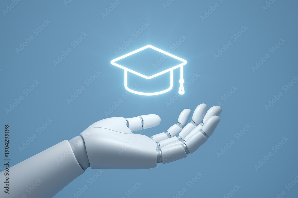 Illustration Stock Robotic hand presenting glowing graduation cap ...
