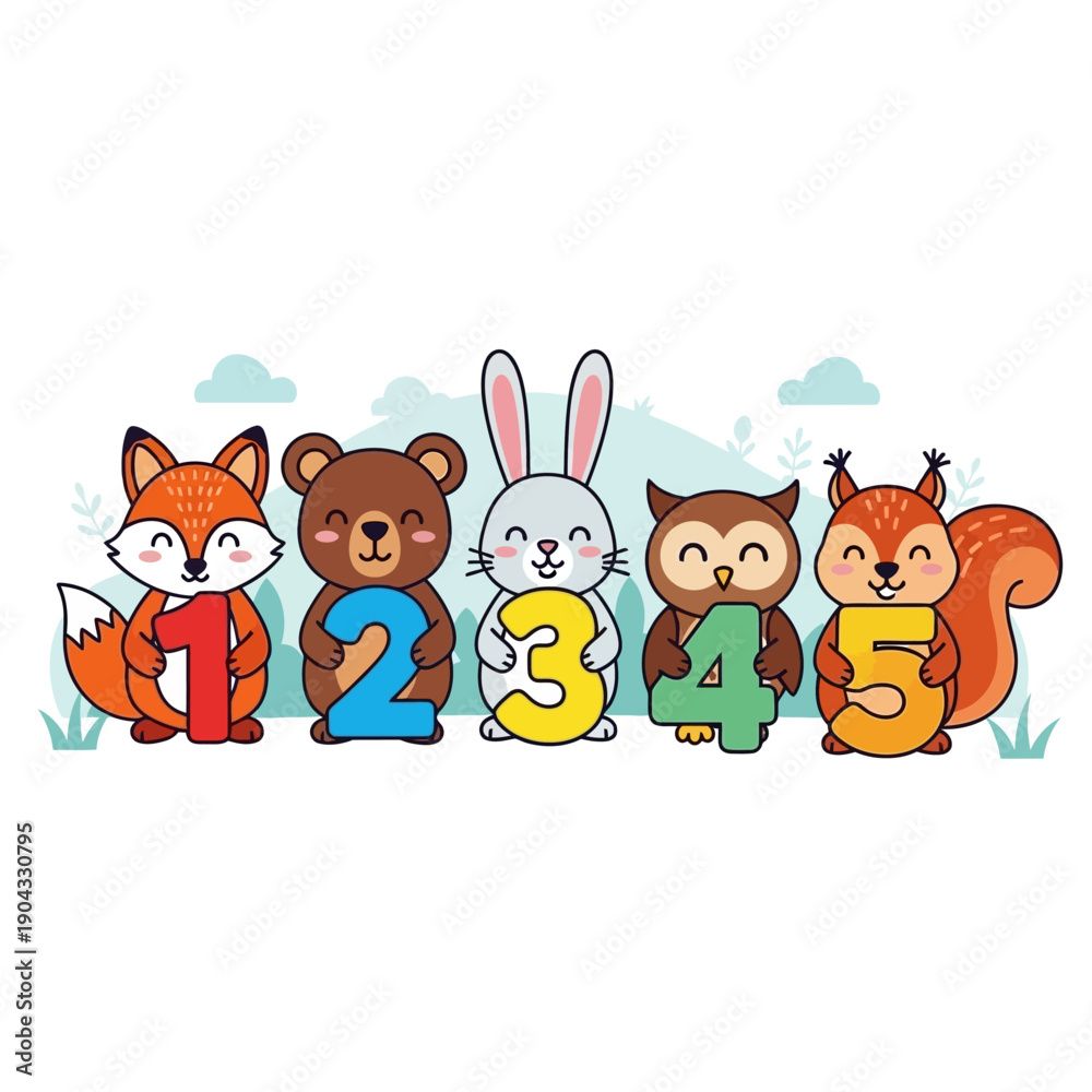 Cute Cartoon Forest Animals Holding Numbers 1 to 5 for Learning and ...