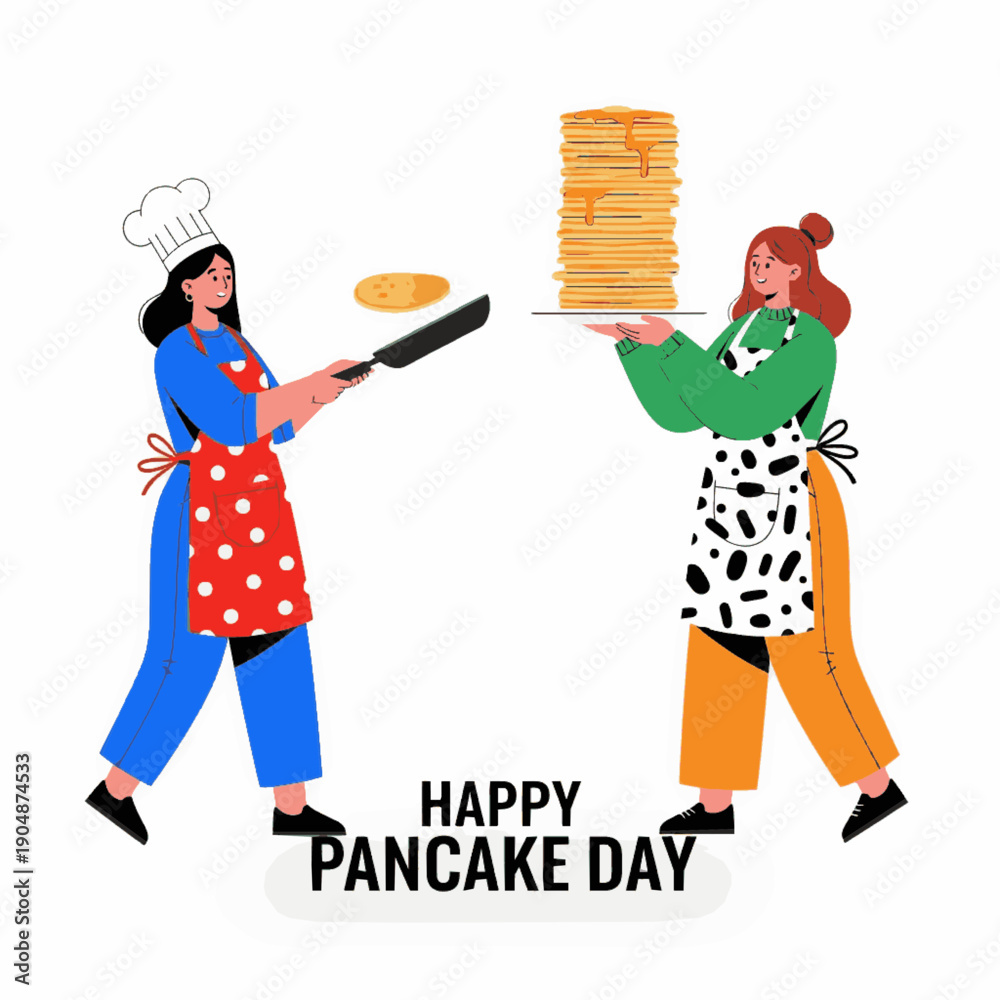 Happy Pancake Day Celebration: Vector Illustration of Two Women Cooking ...