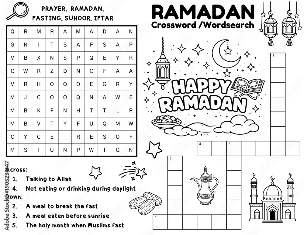 Ramadan crossword and word search worksheets for grades 2–4 focusing on ...