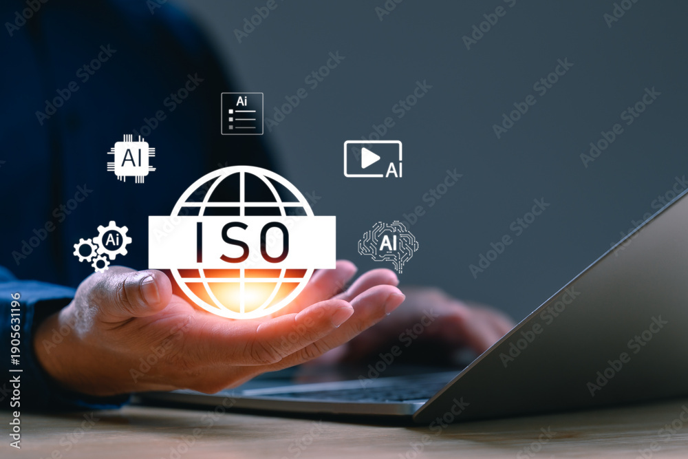 Businessman holding virtual ISO standard globe, artificial intelligence ...