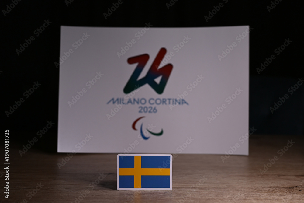 Foto stock di February 9, 2026. Milan, Italy. The flag of Sweden on the ...