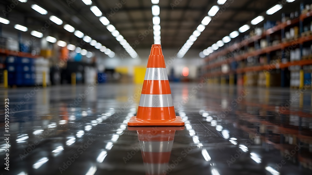 moving escalator in shopping mallOrange traffic cone on reflective ...