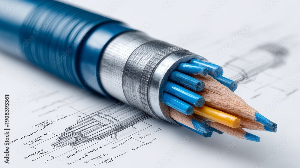 Technical design blueprint of optical fiber cables with detailed pencil ...