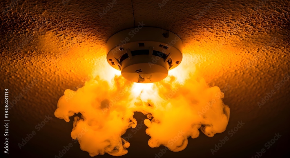 Fire Alarm Activation: Smoke rising to ceiling mounted sensor with ...