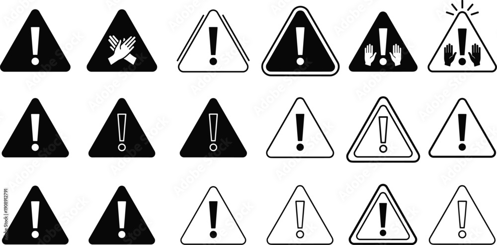 Set of triangle warning icons, exclamation mark alert symbols, hazard ...