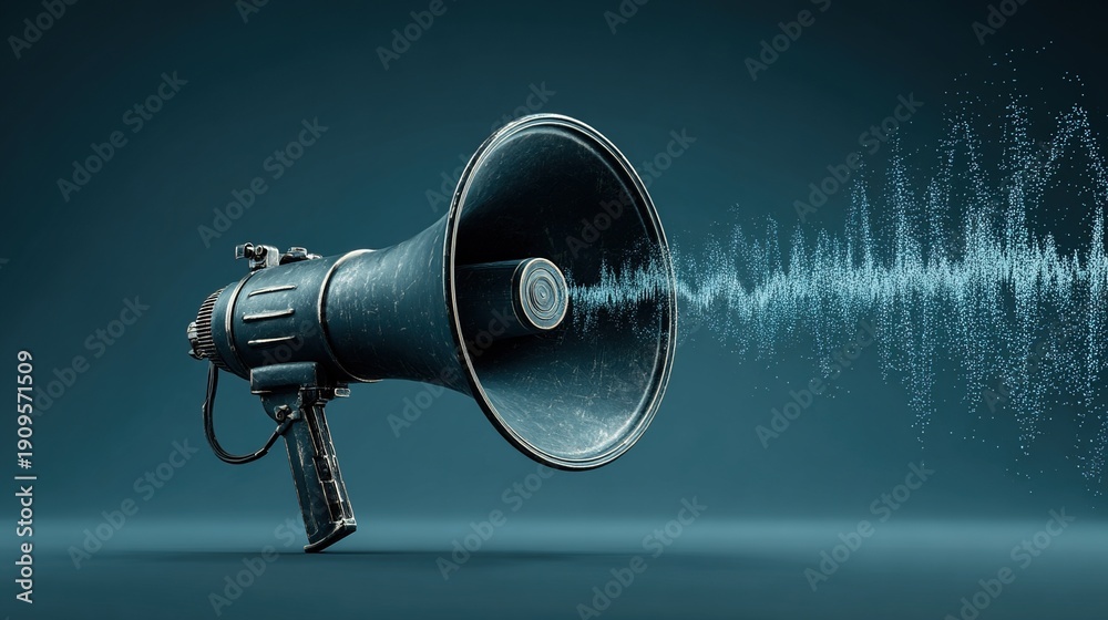 amplifier. A vintage megaphone with a dynamic sound wave visualization ...