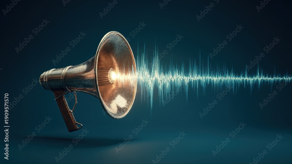 amplifier. A vintage megaphone with a dynamic sound wave visualization ...