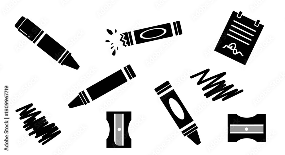 Collection of black and white crayon and art supply icons, including ...