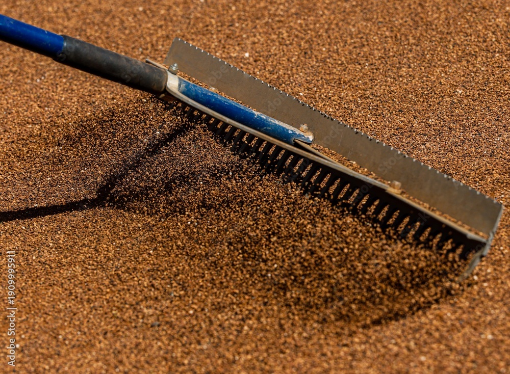Close-up of a rake used by a worker while preparing the field or ...