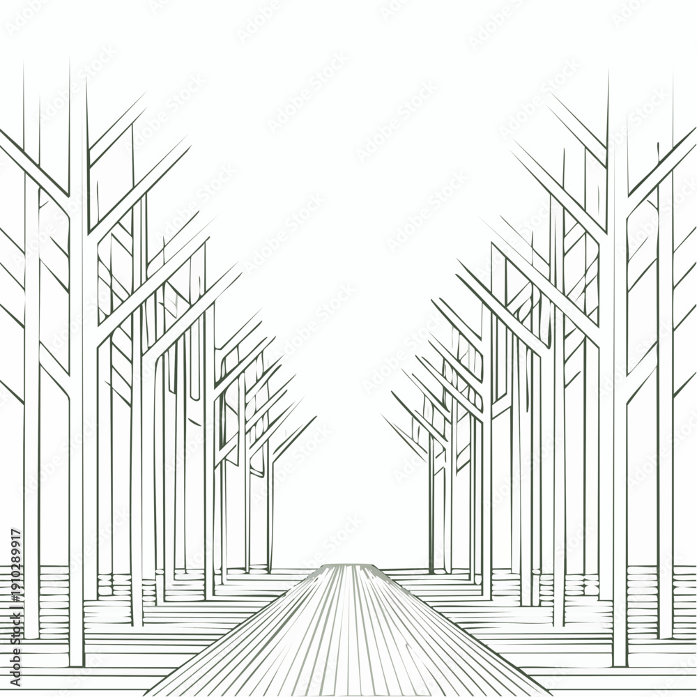 Mysterious path disappearing into the horizon, lined with bare trees in ...