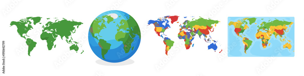 Collection of colorful world maps and a globe illustrating global ...