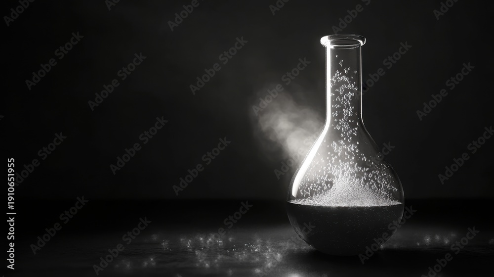 A glass flask showcasing a vigorous bubbling chemical reaction under ...
