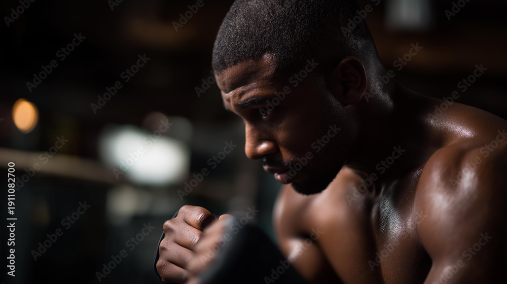 Faceless Black male boxer shadowboxing in dim underground gym, moody ...